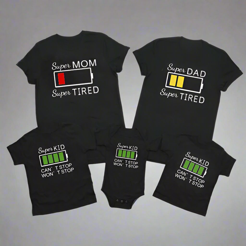 Battery-Themed Matching Family T-Shirt Set – Super Tired Parents & Ene ...
