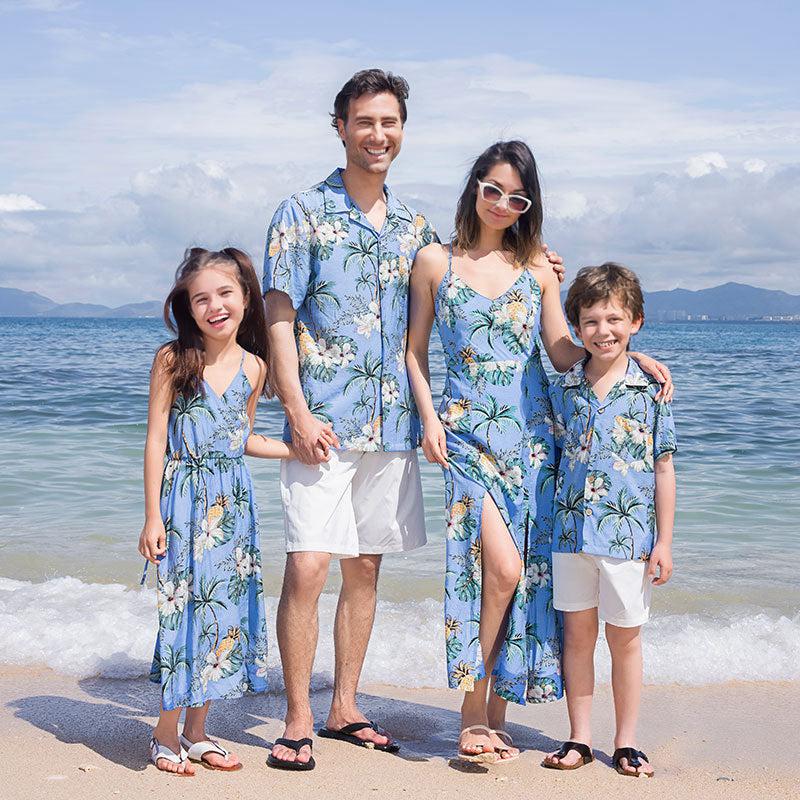 Family Matching Beach Dress and Shirt Set - Light Blue Floral Hawaiian – dresslikemommy.com