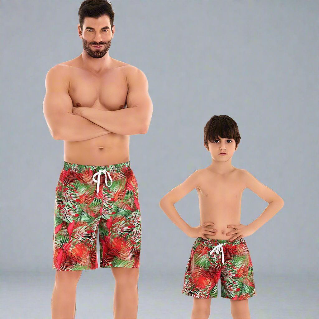 Father and Son Matching Swim Trunks - Tropical Paradise Red and Green ...