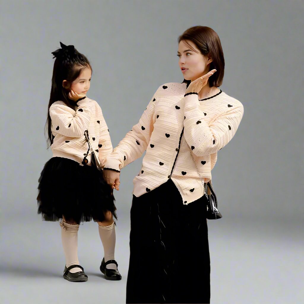 Matching Mother and Daughter Heart Knit Cardigans Cream and Black Swea ...