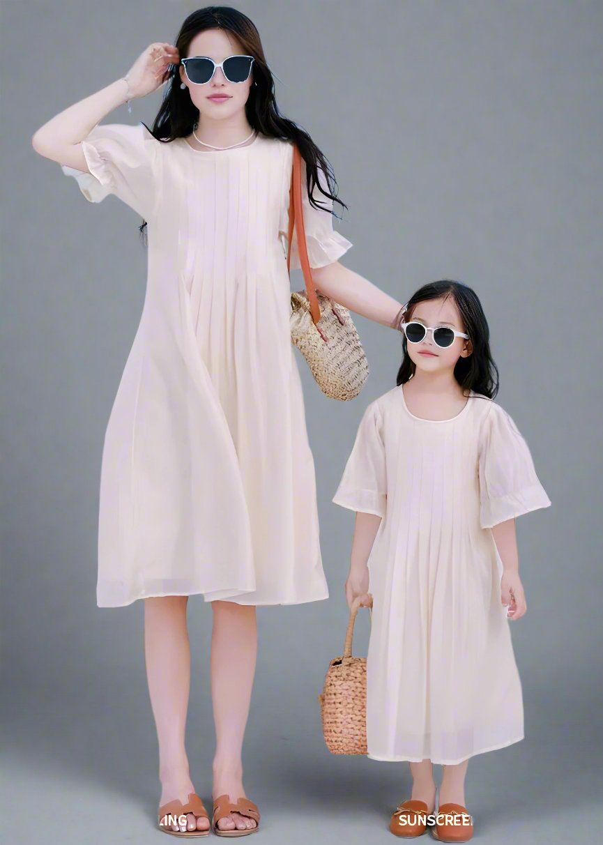Elegant Beige Chiffon Family Matching Dresses Mother & Daughter Summer ...