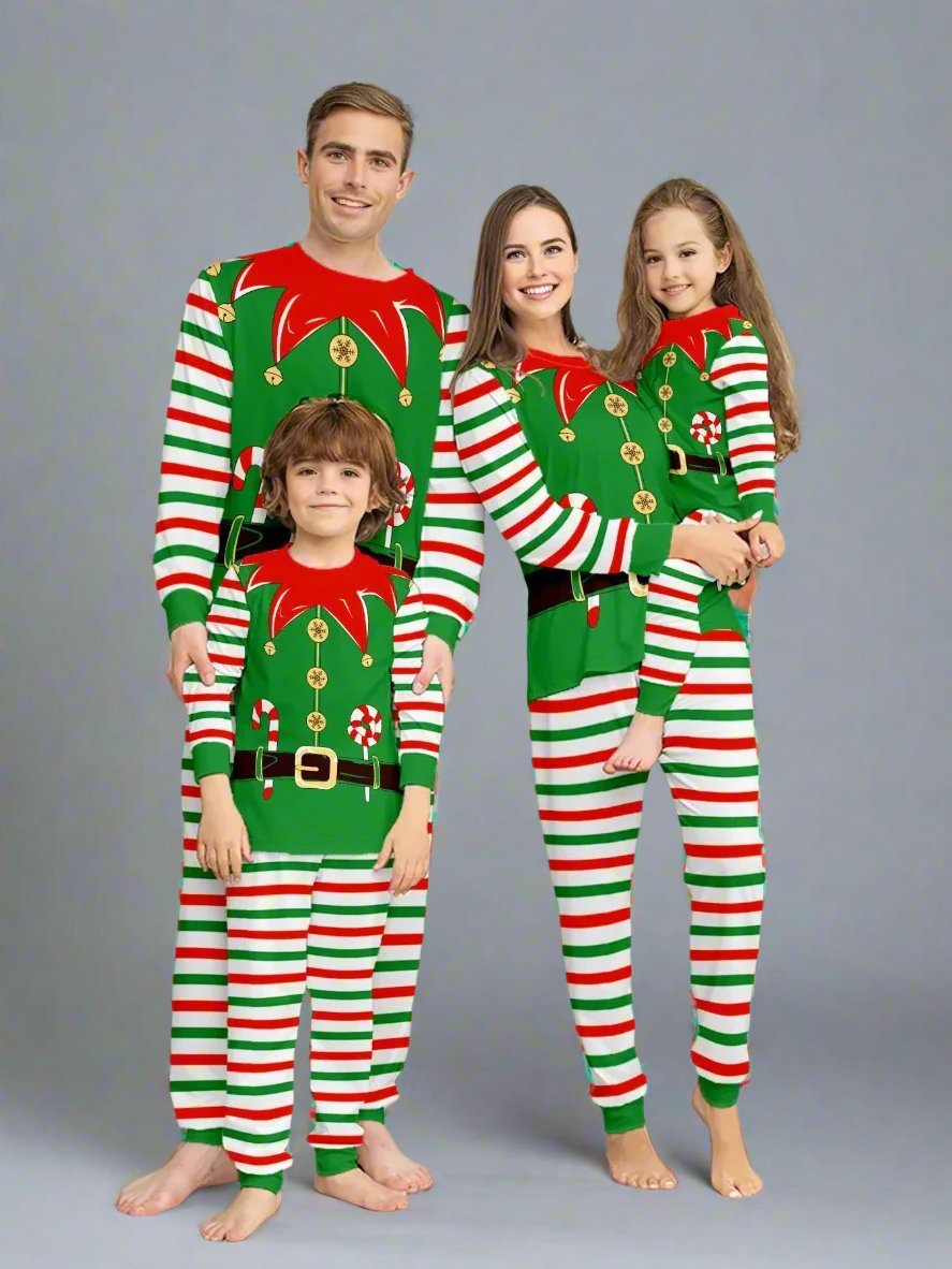 Family Matching Christmas Elf Pajama Set - Festive Green & Red Striped ...