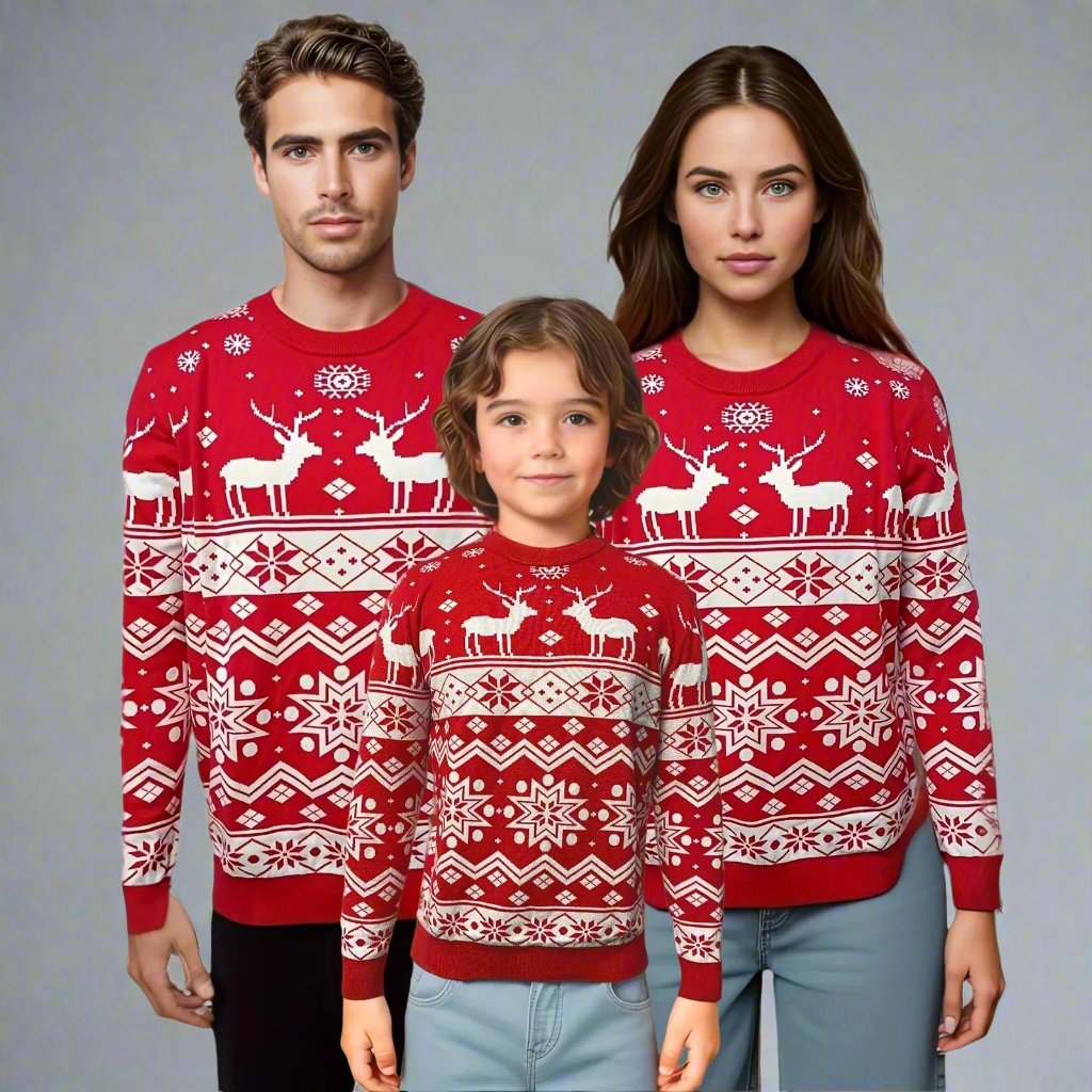 Matching Family Christmas Sweaters – Festive Red with Reindeer and Sno ...