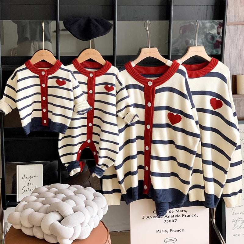 Matching Family Striped Cardigans Navy and Red Heart Embroidery Knit S ...