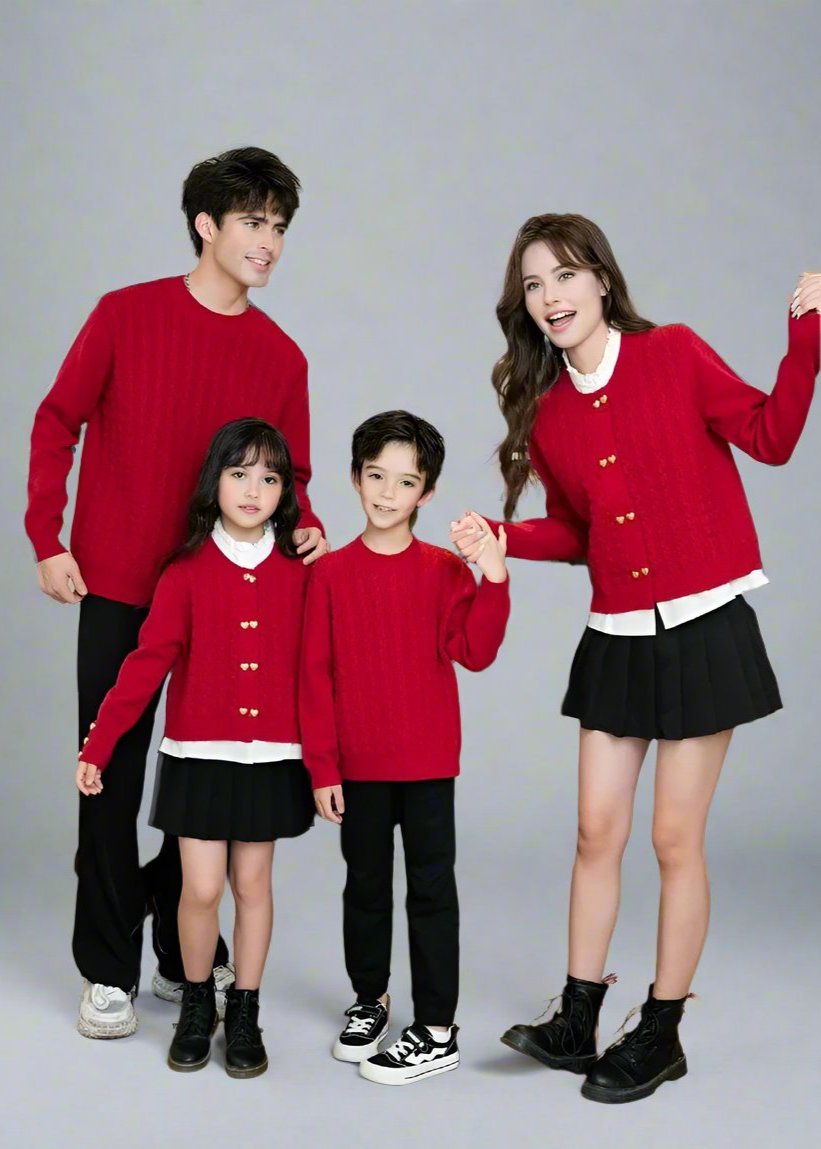 Family Matching Red Cable Knit Cardigans – Elegant Heart-Button Design ...
