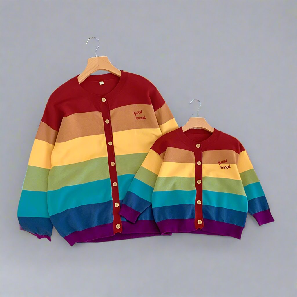 Matching Rainbow Striped Family Cardigans Cozy "Good Mood" Knit Sweate ...